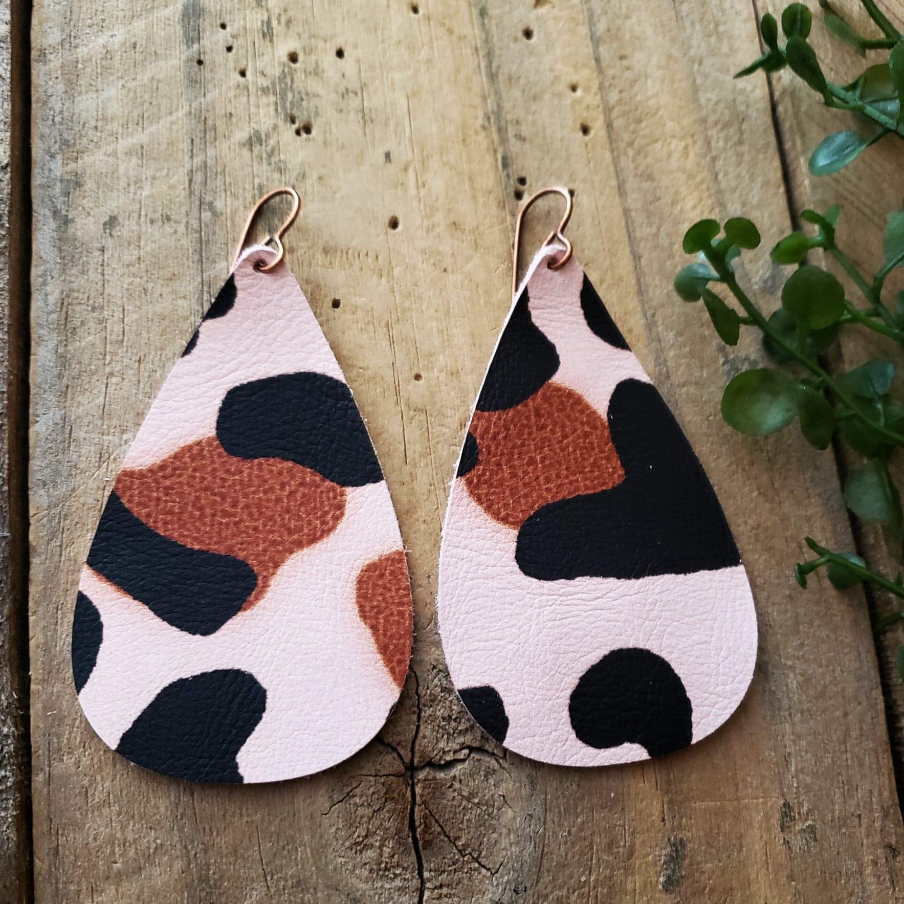 Pink Camo Print Genuine Leather Earrings Teardrop Shape